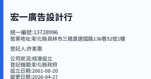 宏一廣告設計行的照片-統編 13728996(彰化縣) 公司登記資料與營業項目詳細圖表