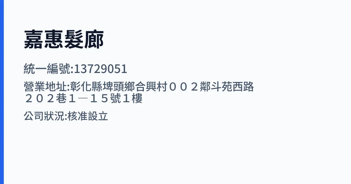 嘉惠髮廊 - 統編 13729051(彰化縣) 公司登記資料與營業項目詳細圖表