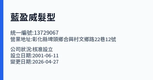 藍盈威髮型的照片-統編 13729067(彰化縣) 公司登記資料與營業項目詳細圖表