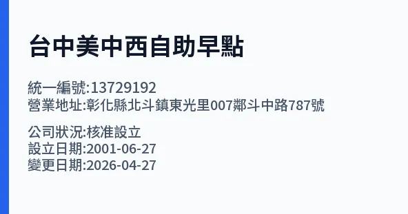 台中美中西自助早點的照片-統編 13729192(彰化縣) 公司登記資料與營業項目詳細圖表
