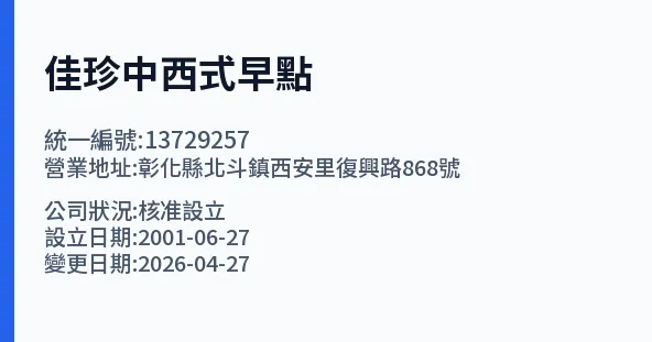 佳珍中西式早點的照片-統編 13729257(彰化縣) 公司登記資料與營業項目詳細圖表