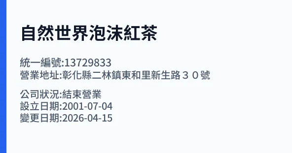 自然世界泡沫紅茶的照片-統編 13729833(彰化縣) 公司登記資料與營業項目詳細圖表