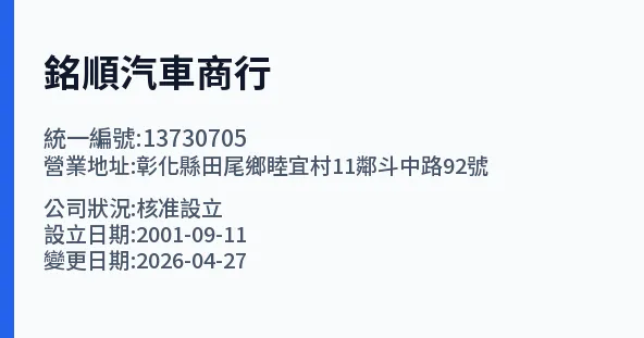 銘順汽車商行的照片-統編 13730705(彰化縣) 公司登記資料與營業項目詳細圖表