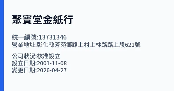 聚寶堂金紙行的照片-統編 13731346(彰化縣) 公司登記資料與營業項目詳細圖表