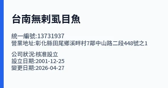 台南無剌虱目魚的照片-統編 13731937(彰化縣) 公司登記資料與營業項目詳細圖表