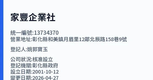 家豐企業社的照片-統編 13734370(彰化縣) 公司登記資料與營業項目詳細圖表