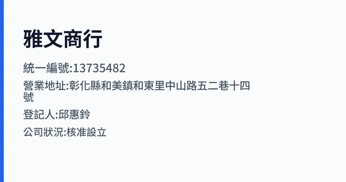 雅文商行 - 統編 13735482(彰化縣) 公司登記資料與營業項目詳細圖表