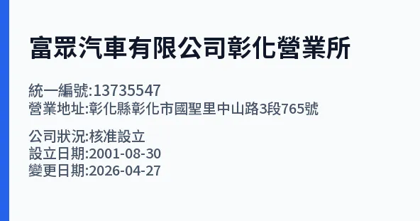 富眾汽車有限公司彰化營業所的照片-統編 13735547(彰化縣) 公司登記資料與營業項目詳細圖表
