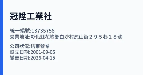 冠陞工業社的照片-統編 13735758(彰化縣) 公司登記資料與營業項目詳細圖表