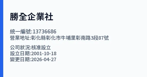 勝全企業社的照片-統編 13736686(彰化縣) 公司登記資料與營業項目詳細圖表