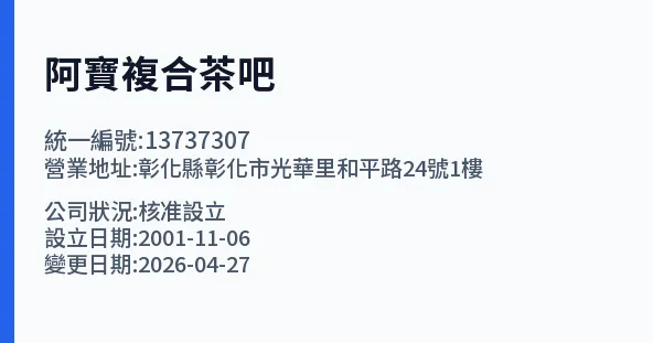 阿寶複合茶吧的照片-統編 13737307(彰化縣) 公司登記資料與營業項目詳細圖表