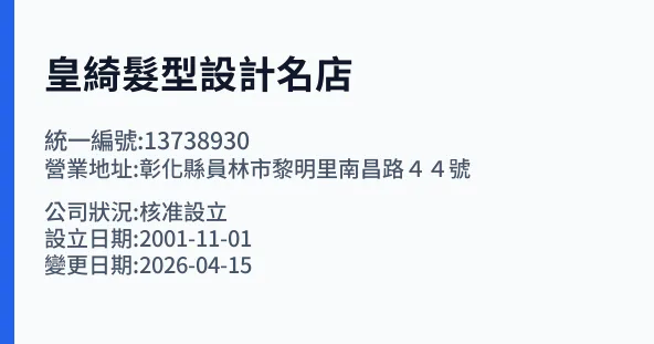 皇綺髮型設計名店的照片-統編 13738930(彰化縣) 公司登記資料與營業項目詳細圖表