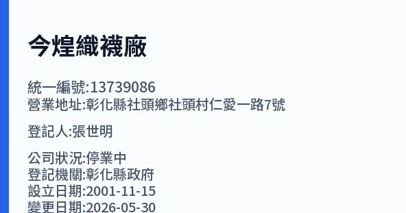今煌織襪廠的照片-統編 13739086(彰化縣) 公司登記資料與營業項目詳細圖表