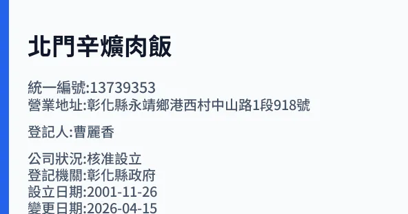 北門辛爌肉飯的照片-統編 13739353(彰化縣) 公司登記資料與營業項目詳細圖表