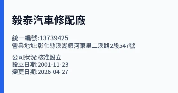毅泰汽車修配廠的照片-統編 13739425(彰化縣) 公司登記資料與營業項目詳細圖表