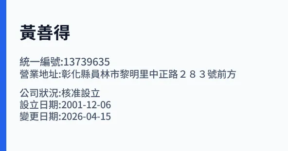 黃善得的照片-統編 13739635(彰化縣) 公司登記資料與營業項目詳細圖表