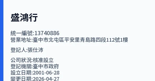 盛鴻行的照片-統編 13740886(臺中市) 公司登記資料與營業項目詳細圖表