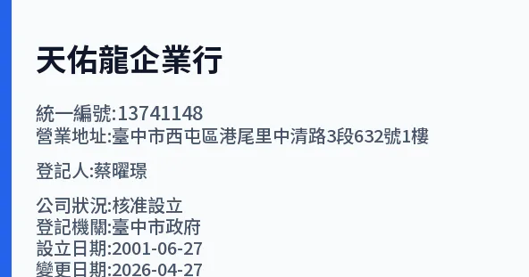 天佑龍企業行的照片-統編 13741148(臺中市) 公司登記資料與營業項目詳細圖表