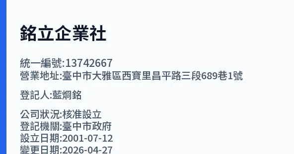 銘立企業社的照片-統編 13742667(臺中市) 公司登記資料與營業項目詳細圖表