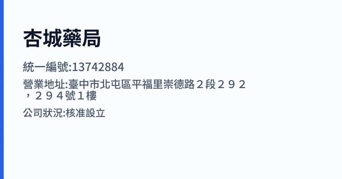 杏城藥局 - 統編 13742884(臺中市) 公司登記資料與營業項目詳細圖表