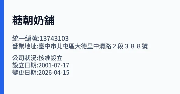 糖朝奶舖的照片-統編 13743103(臺中市) 公司登記資料與營業項目詳細圖表