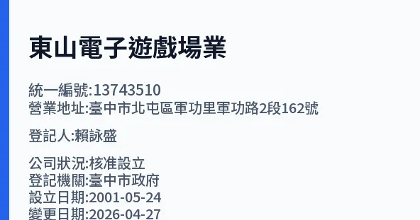 東山電子遊戲場業的照片-統編 13743510(臺中市) 公司登記資料與營業項目詳細圖表
