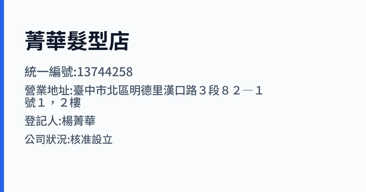 菁華髮型店 - 統編 13744258(臺中市) 公司登記資料與營業項目詳細圖表