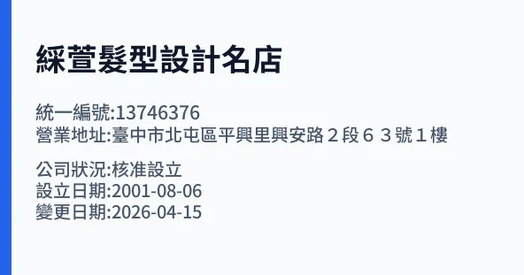 綵萱髮型設計名店的照片-統編 13746376(臺中市) 公司登記資料與營業項目詳細圖表
