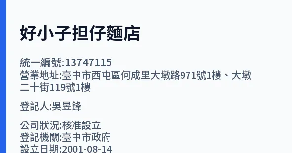 好小子担仔麵店的照片-統編 13747115(臺中市) 公司登記資料與營業項目詳細圖表