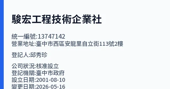 駿宏工程技術企業社的照片-統編 13747142(臺中市) 公司登記資料與營業項目詳細圖表