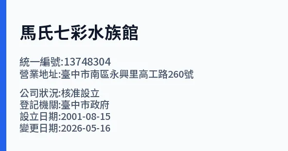 馬氏七彩水族館的照片-統編 13748304(臺中市) 公司登記資料與營業項目詳細圖表