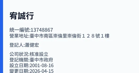 宥誠行的照片-統編 13748867(臺中市) 公司登記資料與營業項目詳細圖表