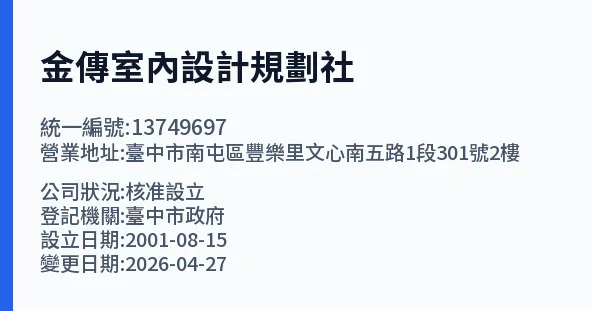 金傳室內設計規劃社的照片-統編 13749697(臺中市) 公司登記資料與營業項目詳細圖表