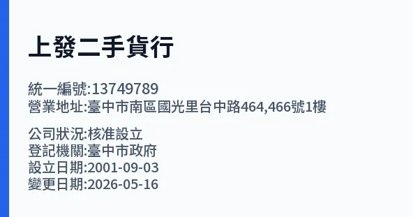 上發二手貨行的照片-統編 13749789(臺中市) 公司登記資料與營業項目詳細圖表