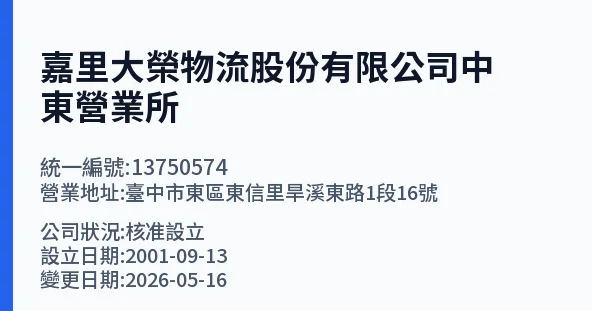 嘉里大榮物流股份有限公司中東營業所的照片-統編 13750574(臺中市) 公司登記資料與營業項目詳細圖表