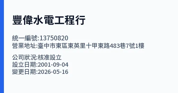 豐偉水電工程行的照片-統編 13750820(臺中市) 公司登記資料與營業項目詳細圖表