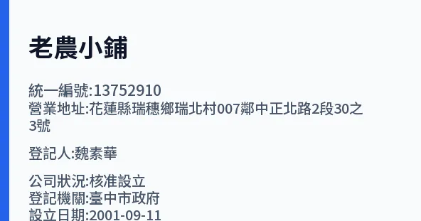 老農小鋪的照片-統編 13752910(花蓮縣) 公司登記資料與營業項目詳細圖表