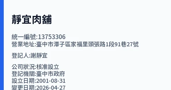 靜宜肉舖的照片-統編 13753306(臺中市) 公司登記資料與營業項目詳細圖表