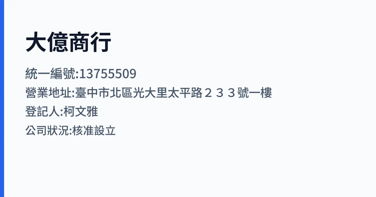 大億商行 - 統編 13755509(臺中市) 公司登記資料與營業項目詳細圖表