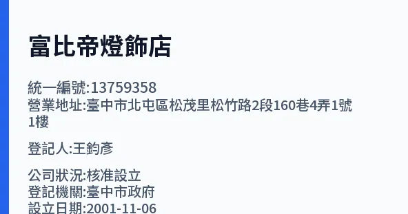 富比帝燈飾店的照片-統編 13759358(臺中市) 公司登記資料與營業項目詳細圖表