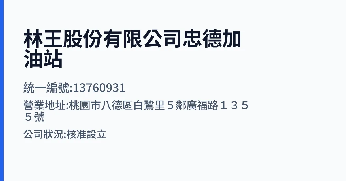 林王股份有限公司忠德加油站 - 統編 13760931(桃園市) 公司登記資料與營業項目詳細圖表