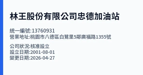 林王股份有限公司忠德加油站的照片-統編 13760931(桃園市) 公司登記資料與營業項目詳細圖表