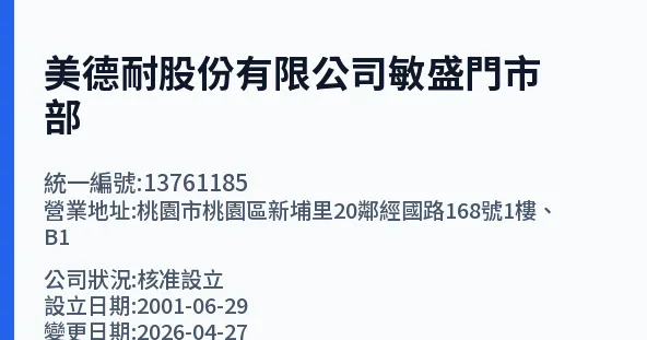 美德耐股份有限公司敏盛門市部的照片-統編 13761185(桃園市) 公司登記資料與營業項目詳細圖表