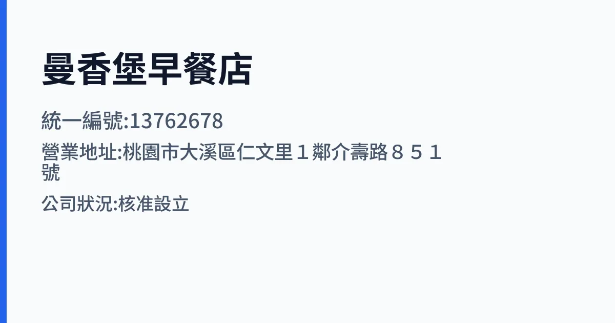 曼香堡早餐店 - 統編 13762678(桃園市) 公司登記資料與營業項目詳細圖表