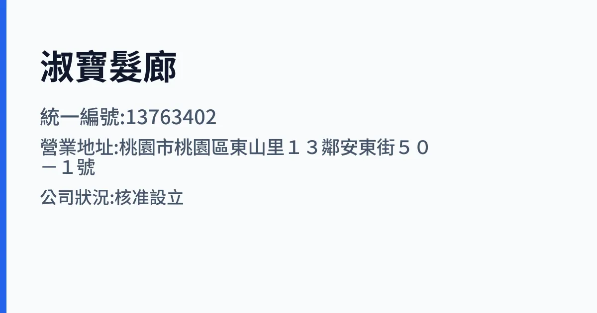 淑寶髮廊 - 統編 13763402(桃園市) 公司登記資料與營業項目詳細圖表