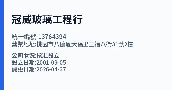 冠威玻璃工程行的照片-統編 13764394(桃園市) 公司登記資料與營業項目詳細圖表