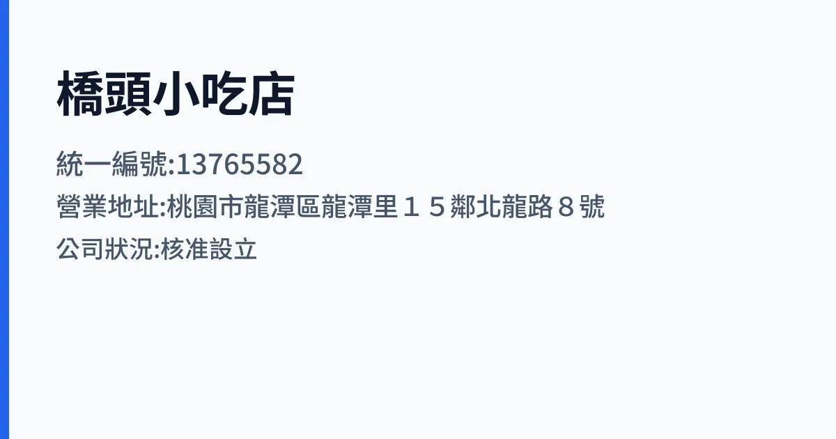 橋頭小吃店 - 統編 13765582(桃園市) 公司登記資料與營業項目詳細圖表