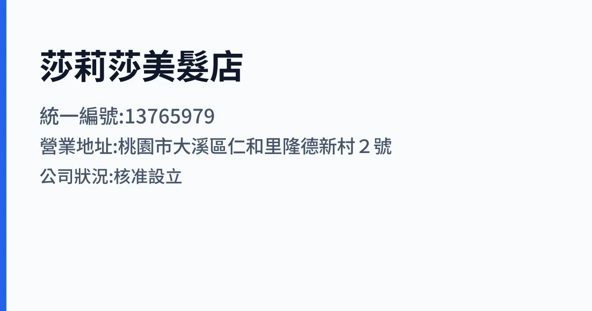 莎莉莎美髮店 - 統編 13765979(桃園市) 公司登記資料與營業項目詳細圖表