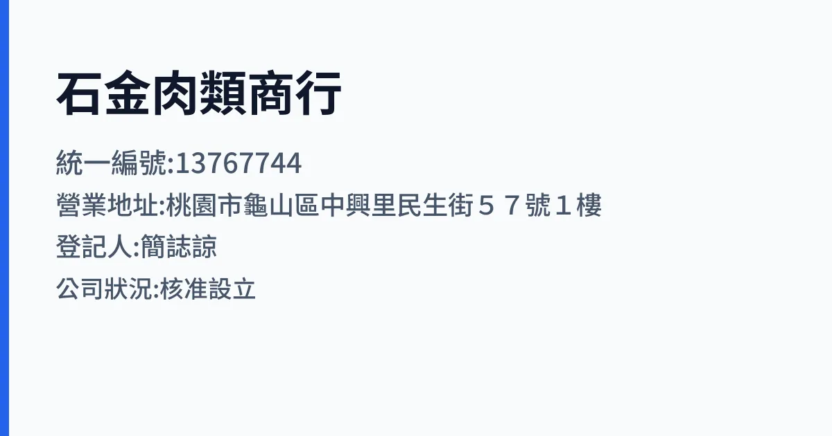 石金肉類商行 - 統編 13767744(桃園市) 公司登記資料與營業項目詳細圖表