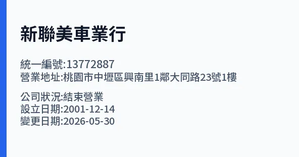 新聯美車業行的照片-統編 13772887(桃園市) 公司登記資料與營業項目詳細圖表